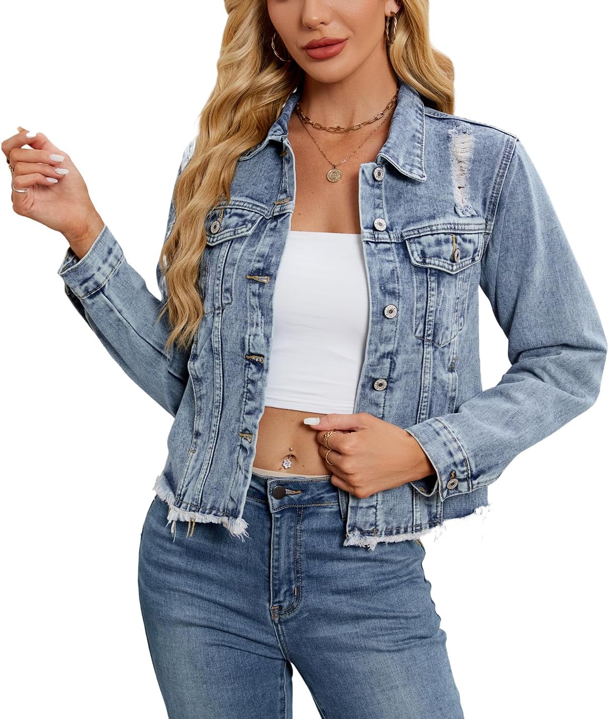 Kedera Womens Denim Jacket Distressed Frayed Ripped Jean Jacket Casual ...