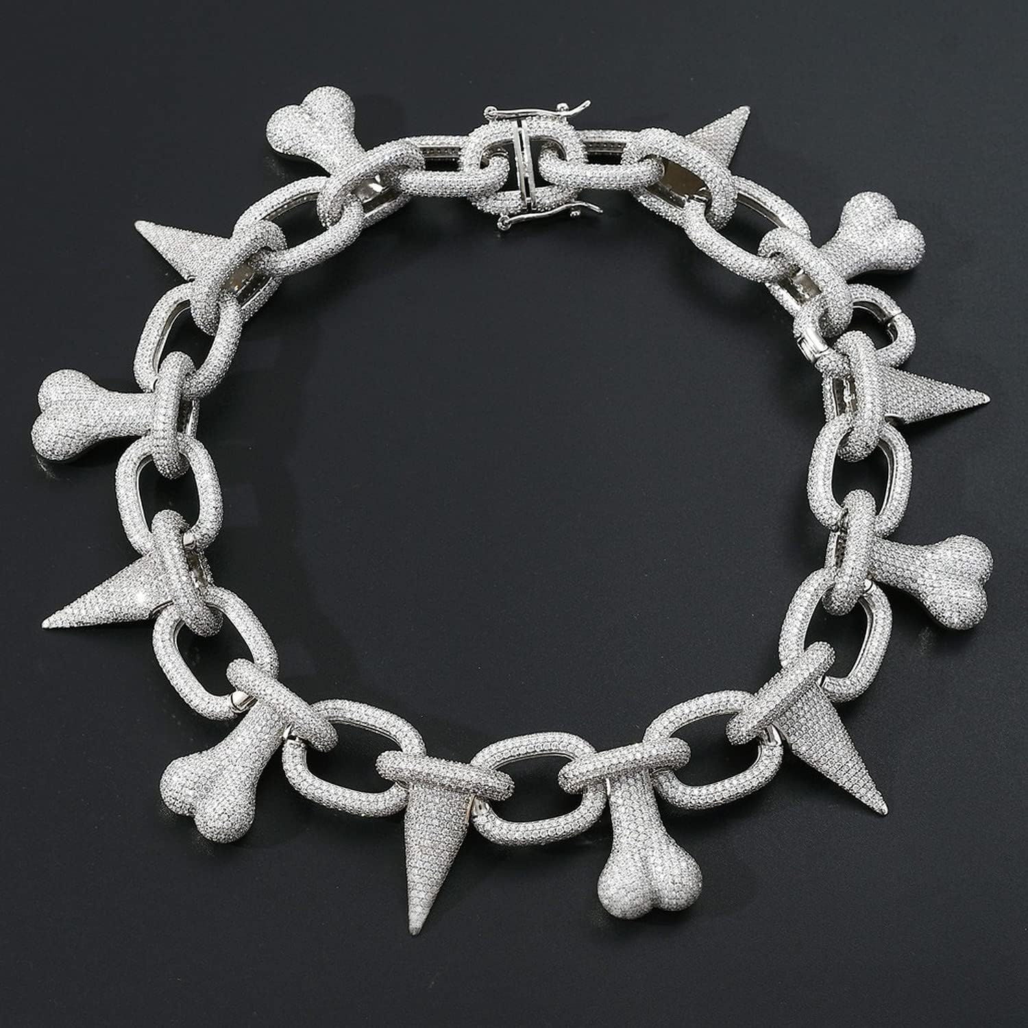Punk Bone Spikes Link Chain Hip Hop Iced Out Bling Rapper Cuban Link ...