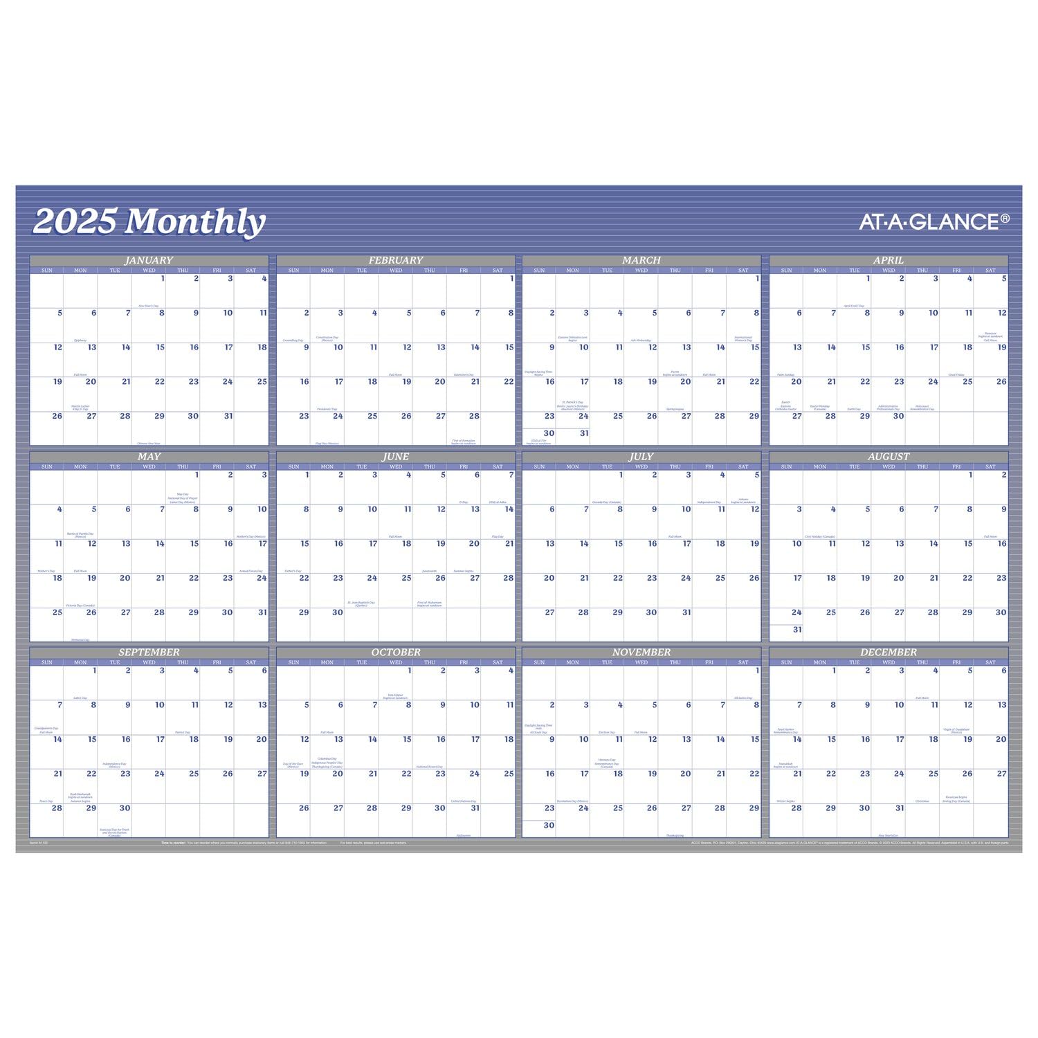 Snapklik.com : AT-A-GLANCE 2025 Erasable Calendar, Dry Erase Wall ...