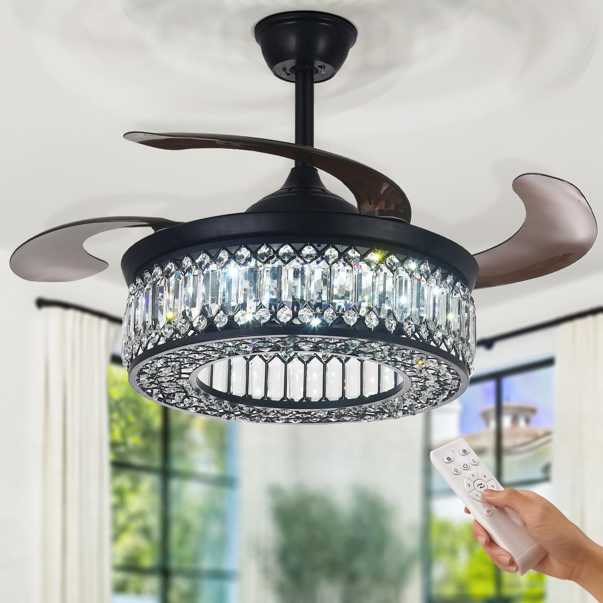 42" Reversible Crystal Chandeliers Ceiling Fans with Lights and Remote ...
