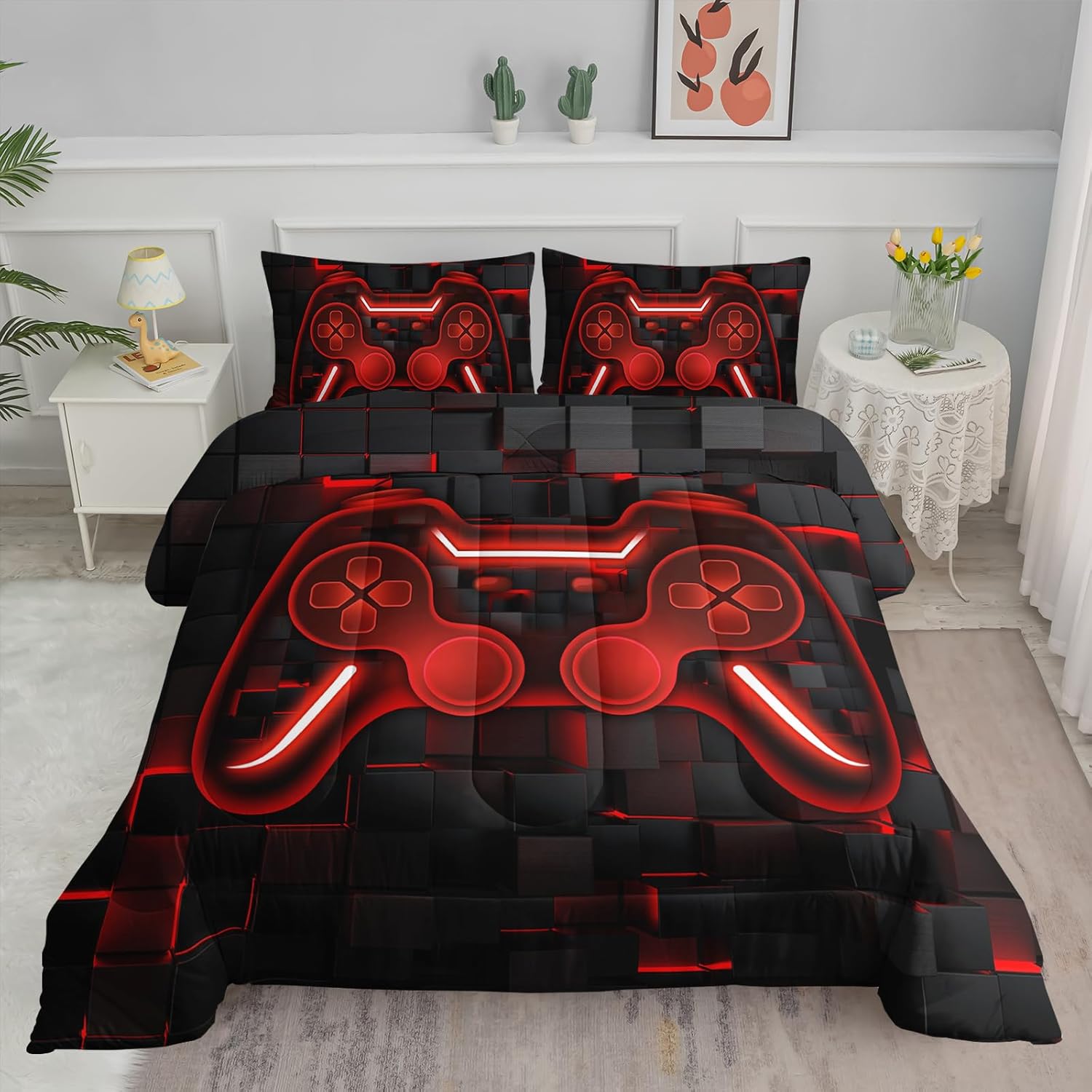 Amazon.com: Axolotl Gamepad Comforter Set Full Size,Red Grid Print ...