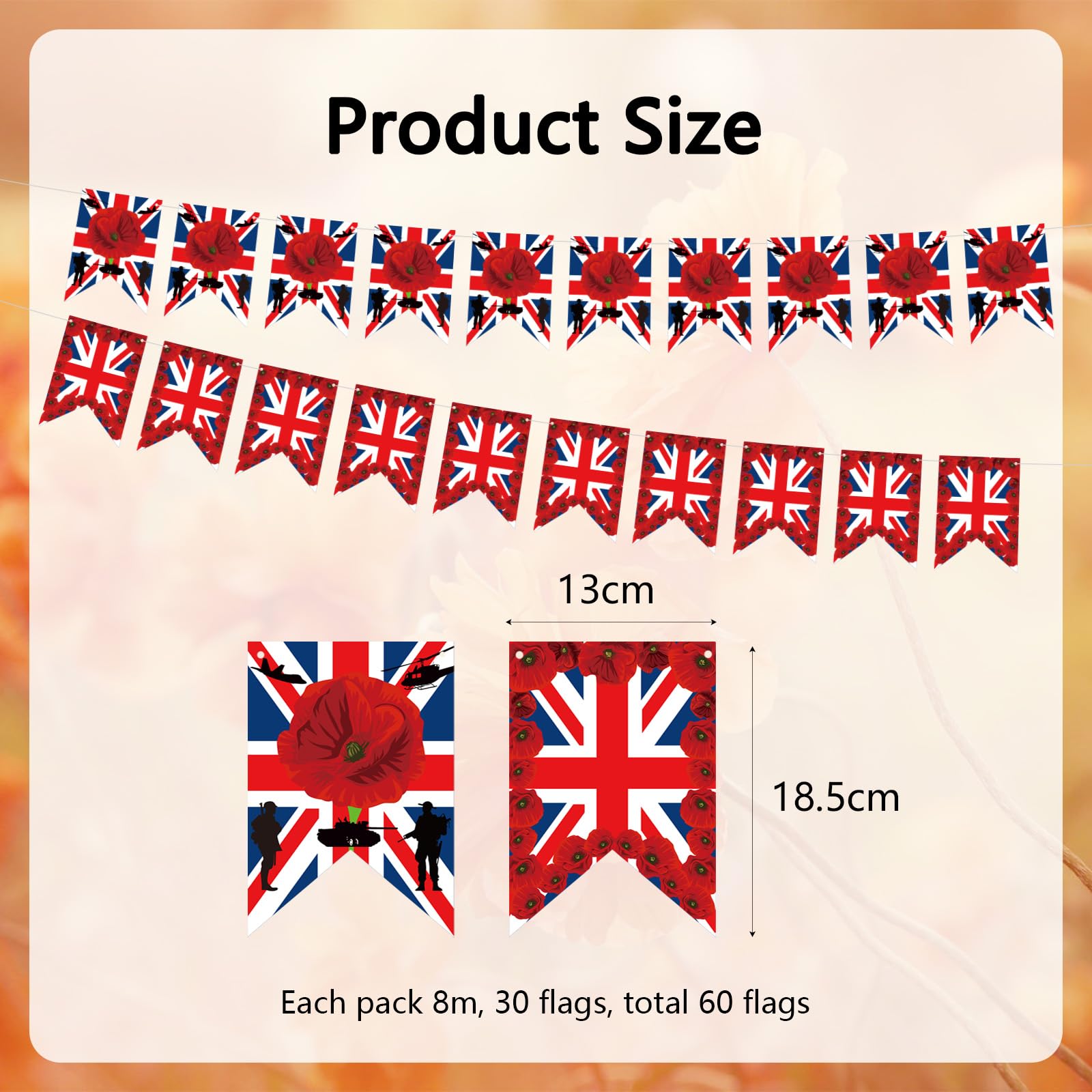 HONMOK 2pack Remembrance Day Flag Bunting, 8m Poppy Day Decorations ...