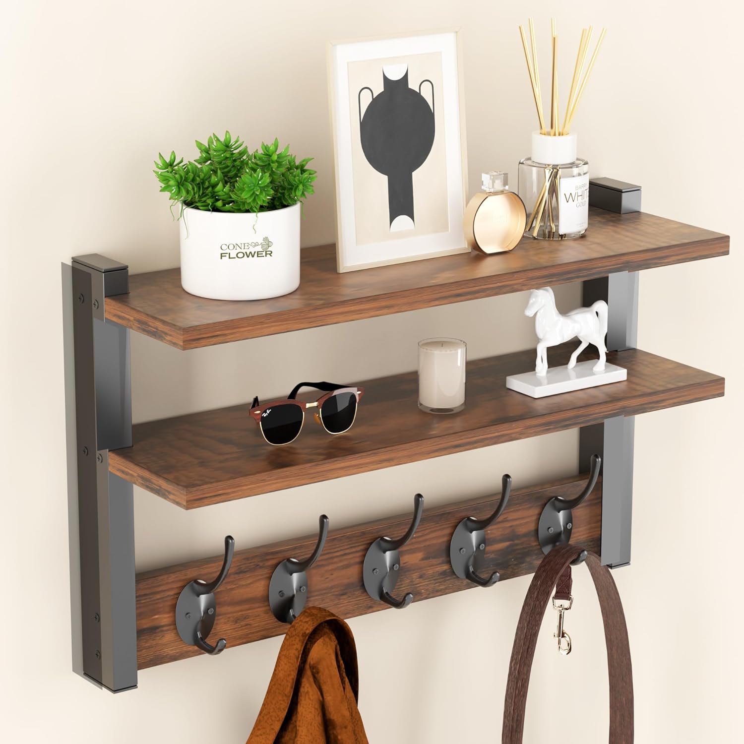 Amazon.com: Orapoke Two-Tier Wall Shelf with Hooks,17" Coat Rack Wall ...