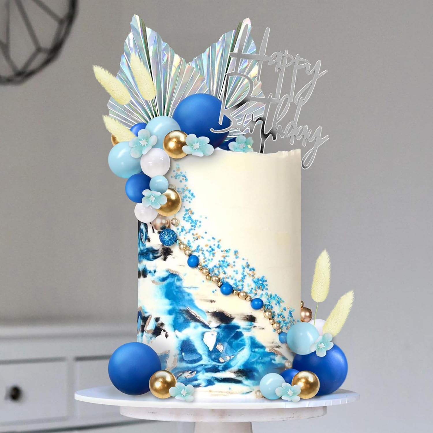 Amazon.com: Flower Boho Cake Topper Ball Cake Decorations Navy Blue ...