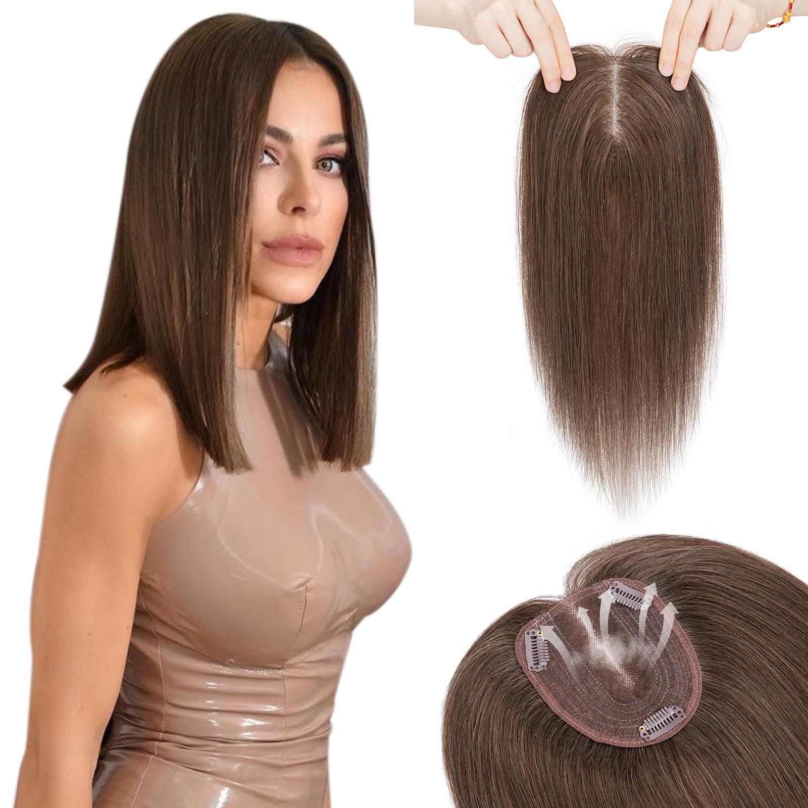Amazon.com : Hairro 100% Human Hair Topper without Bangs Middle Part ...
