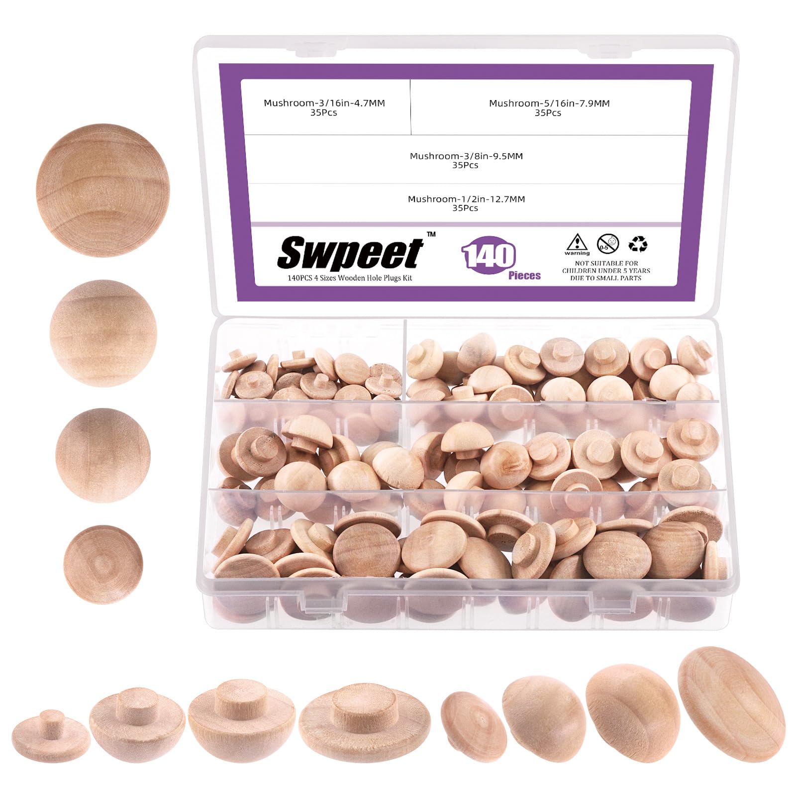 Amazon.com: Swpeet 140Pcs Approx 3/16", 5/16", 3/8", 1/2" Wooden Hole ...
