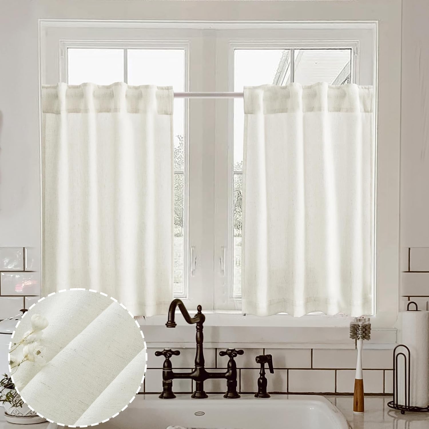 Amazon.com: Cafe Crtains 24 Inch Length 2 Panel Linen Farmhouse Sheer ...