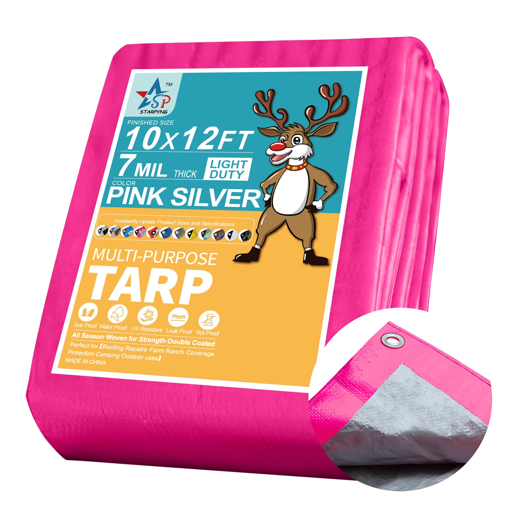 STARPYNG-7 Mil Pink/Silver 10x12 Feet Tarp-Multifunctional Waterproof ...
