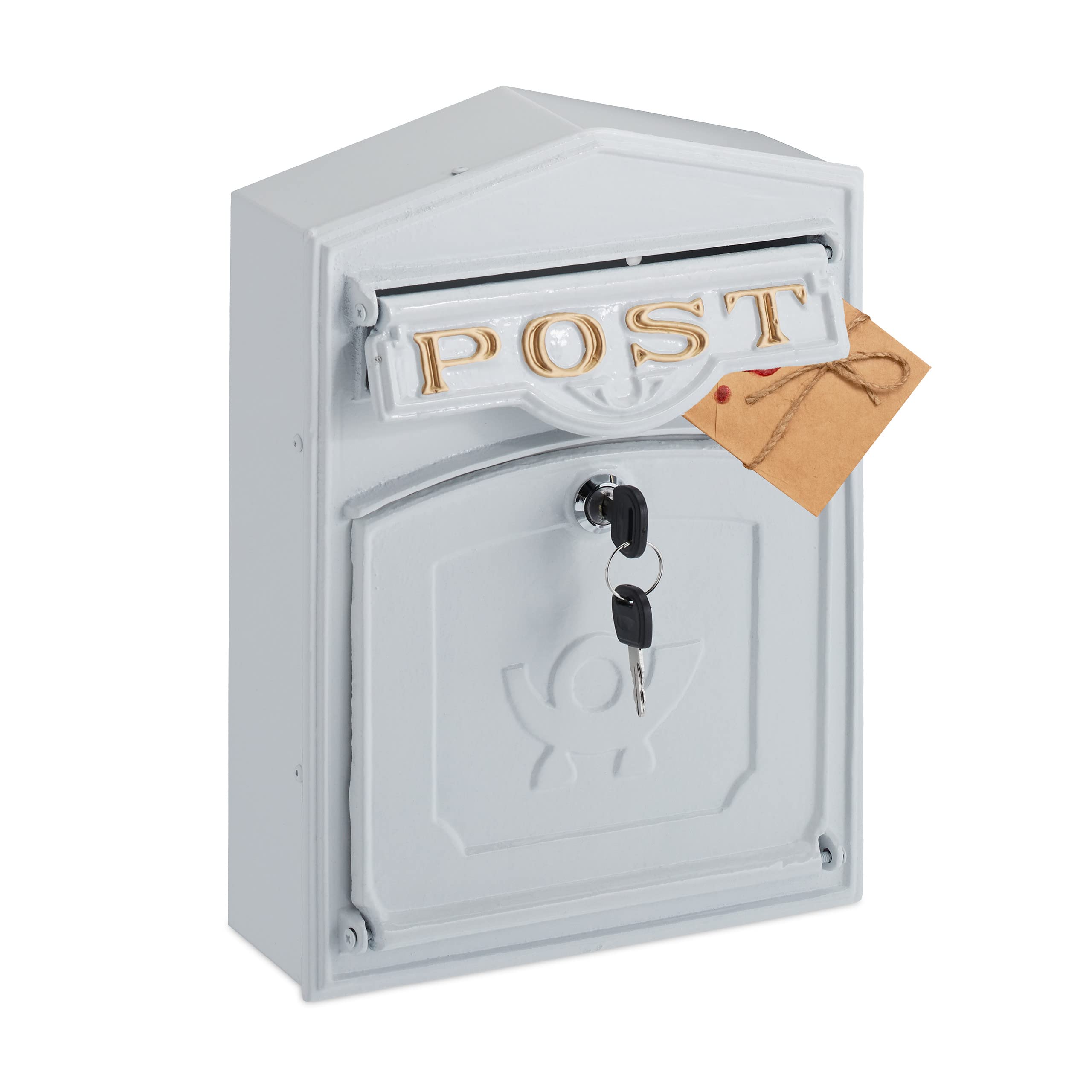 Relaxdays Briefkasten Retro, Goldener Post-Schriftzug, HBT: 31,5 x 23 x ...