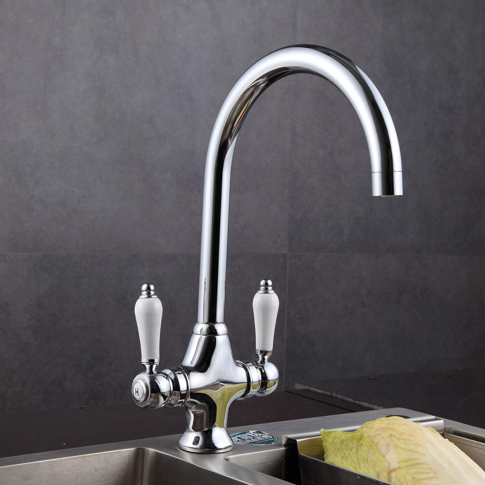 Dual Lever Kitchen Sink Mixer Tap Traditional Elegant Ceramic Double ...