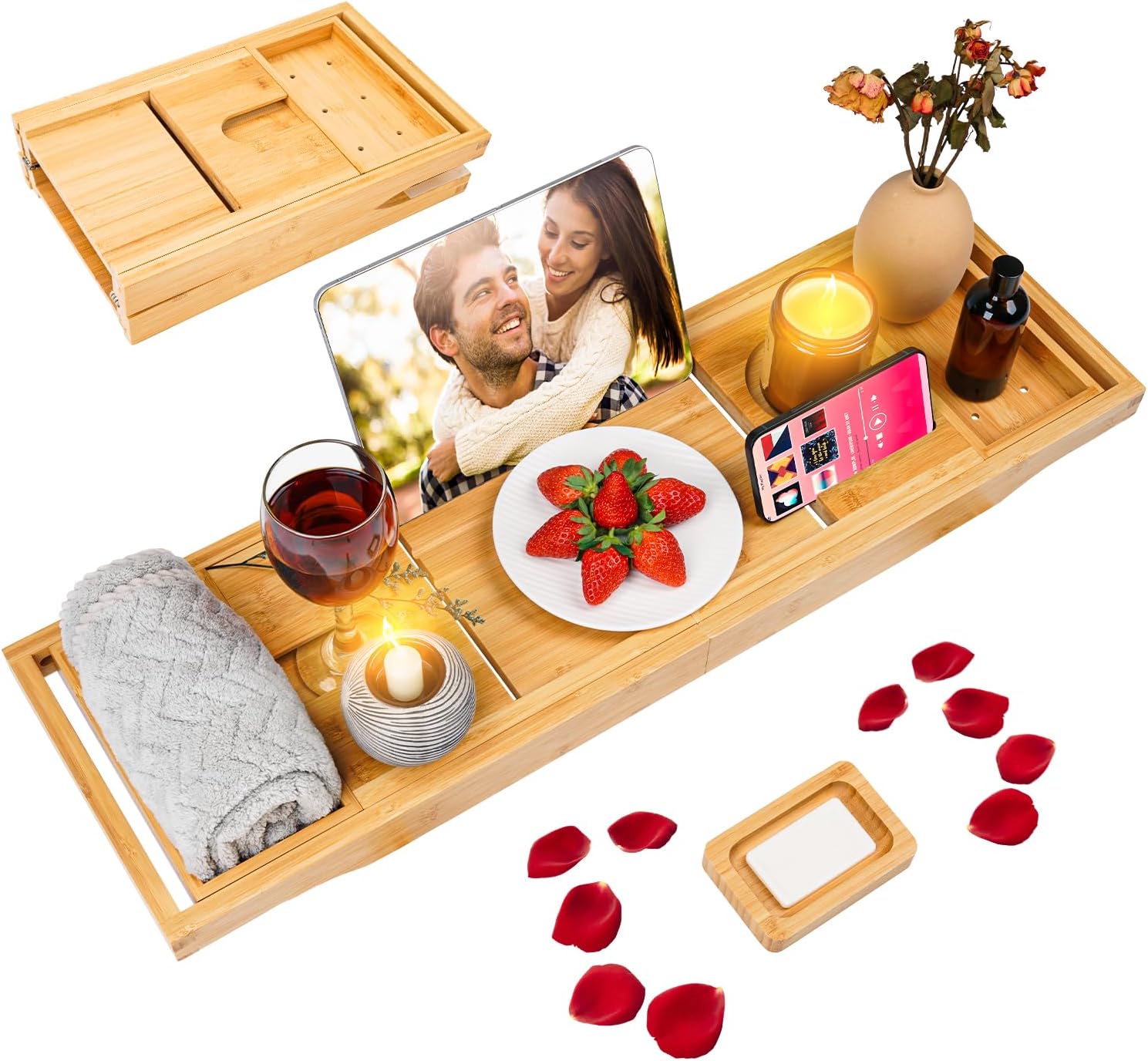 Amazon.com: SereneLife Luxury Bamboo Bathtub Caddy Tray - Adjustable ...