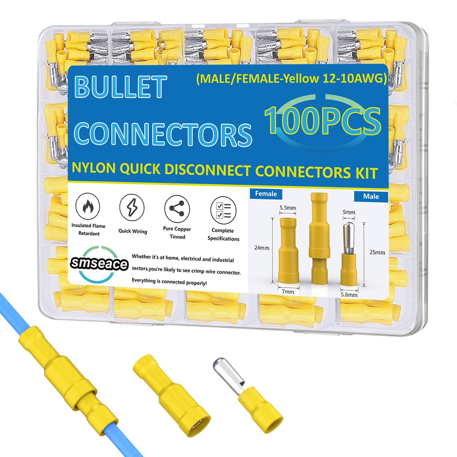 Snapklik.com : Smseace 100pcs Bullet Wire Connectors 12-10AWG Insulated ...