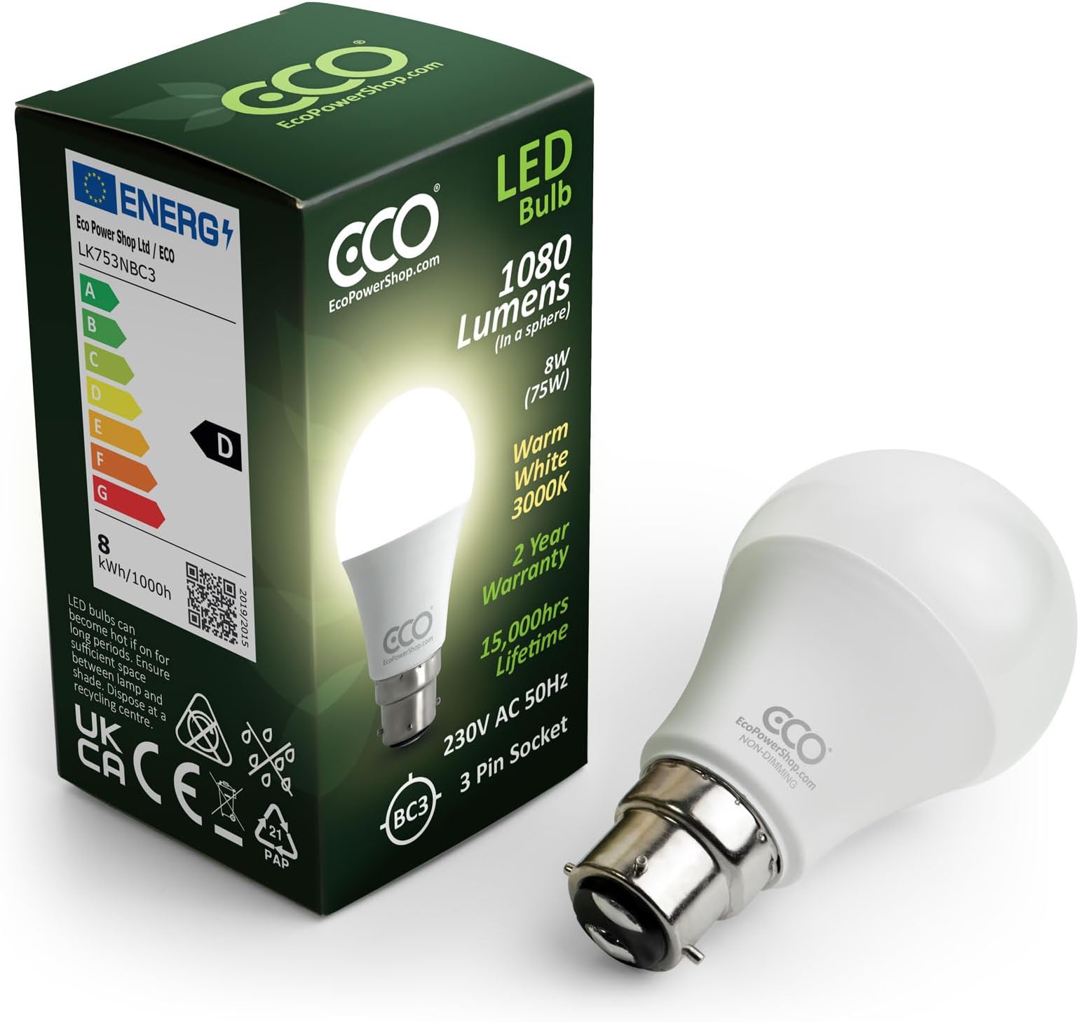 3 Pin BC3 Light Bulb LED 10w Energy Saving Non Dimmable 240v 3000k Warm ...