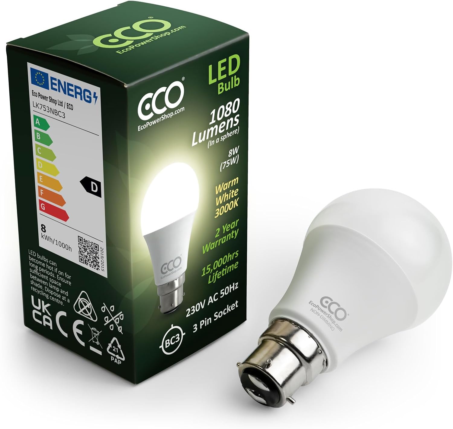 ECO 3 Pin BC3, 8W Energy Saving LED Light Bulb, 75W Equivalent, Warm White 3000K, Non-Dimmable ...