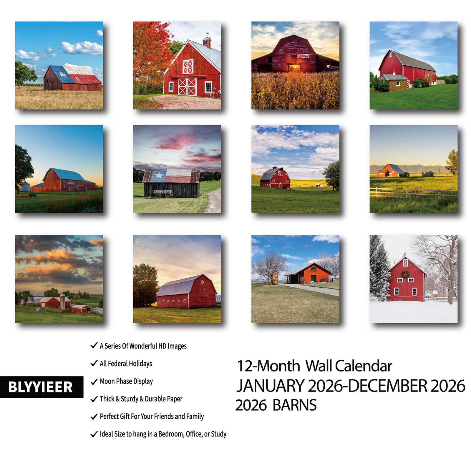 Snapklik.com : 2026 Wall Calendar Barns 12 Monthly Hangable Barns ...