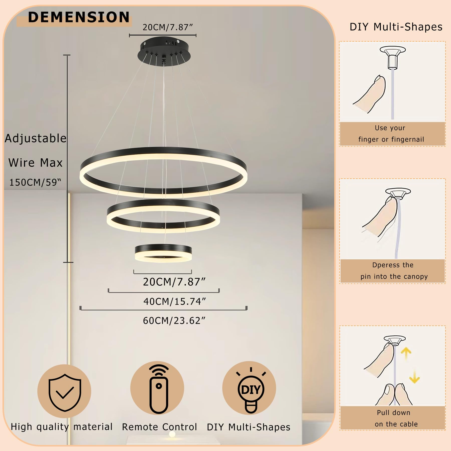 3-Rings Modern Led Chandelier Black, Contemporary Ring Chandeliers ...