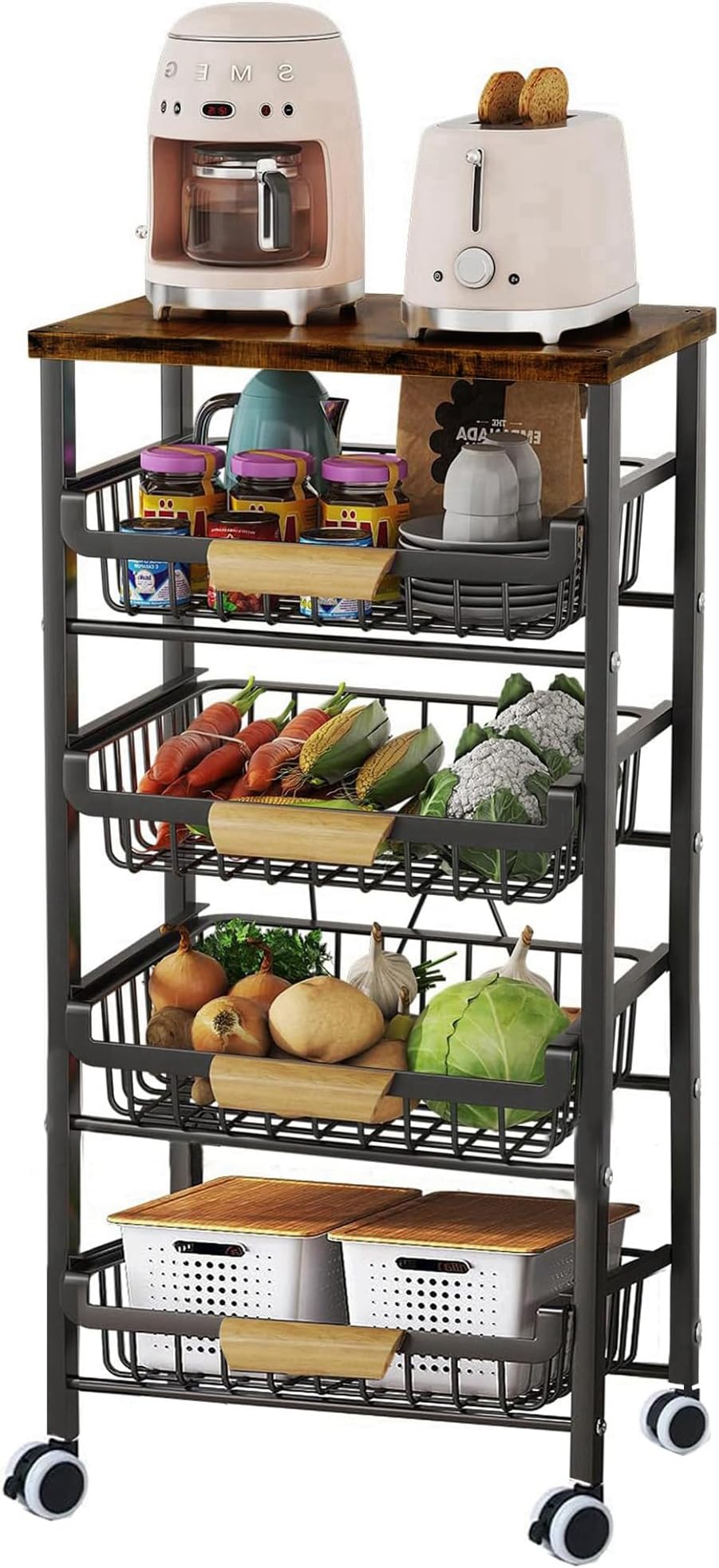 bimiti 5 Tier Fruit Rack Kitchen Basket for Kitchen Large Pull-out Wire ...
