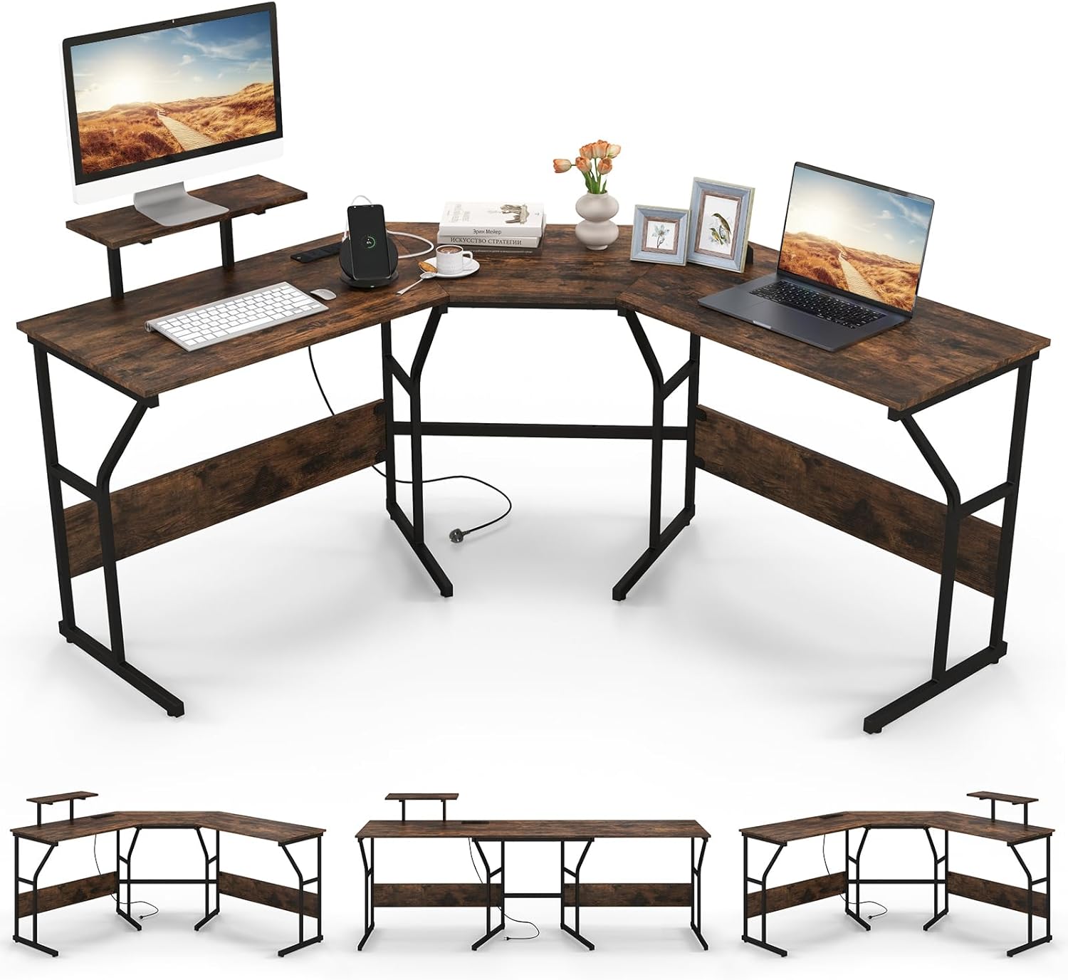 COSTWAY L-Shaped Computer Desk, 225cm Convertible Double Study Writing ...