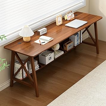 Amazon.com: NELYE Extra Long Desk with Bookshelf - Solid Wood Home ...
