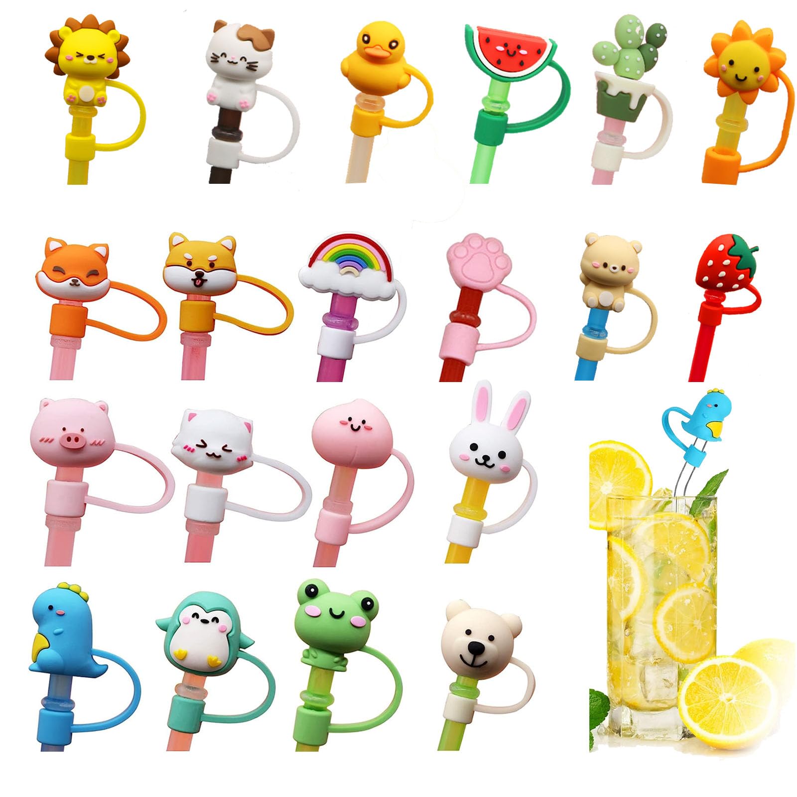 20PCS Silicone Straw Cover，Reusable Cute Animals Straws Tips Cap，Dust ...