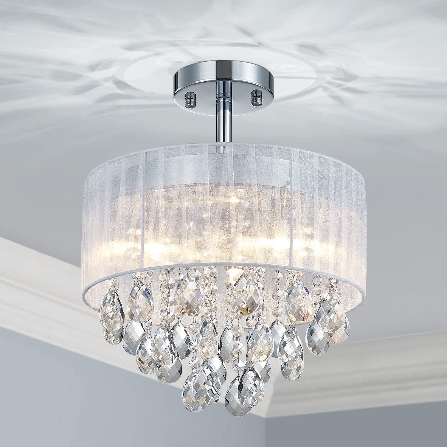 Shrine 3-Lights Drum Crystal Chandelier, Raindrop Chandelier, White ...