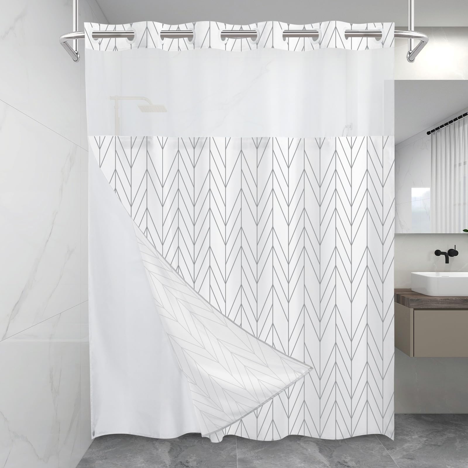 Amazon.com: LXBNI No Hook Geometric Striped Shower Curtain with Snap in ...