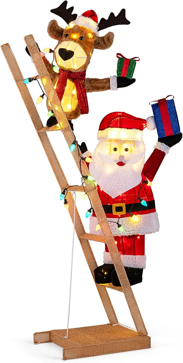 Amazon.com: Tangkula 5.5 FT Lighted Reindeer & Santa Claus on Ladder ...