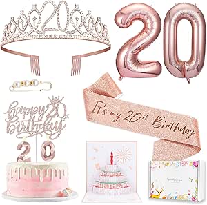 Amazon.com: 20th Birthday Decorations for Women, Birthday Sash and Crown, Cake Topper and ...