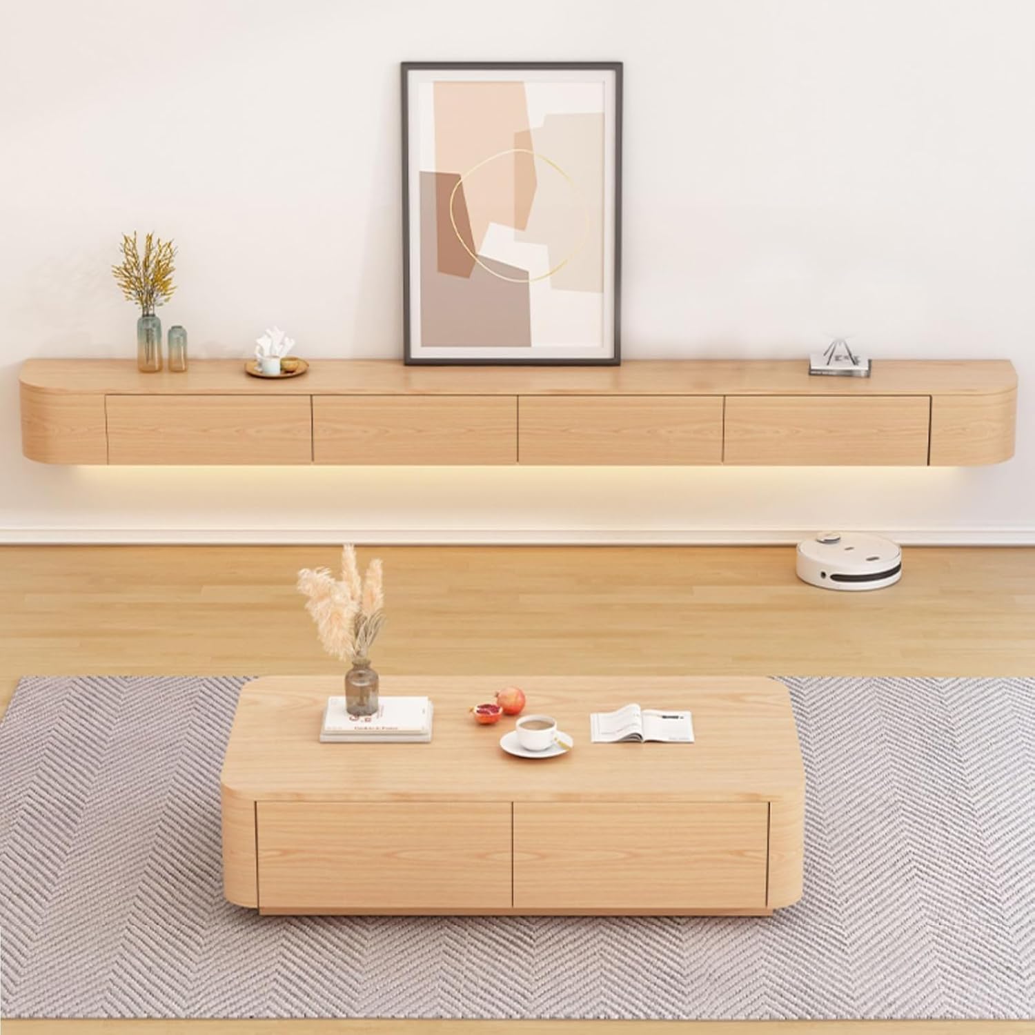 Solid Wood Floating TV Stand with Large Storage and Modern Design Wall ...