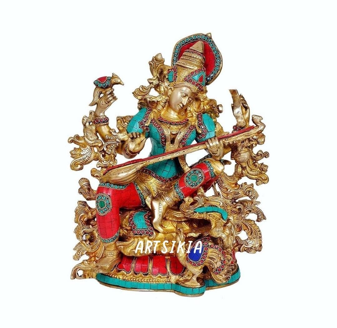 Buy ARTSIKIA Brass Saraswati Statue | Four Armed Maa Sharda Statue ...