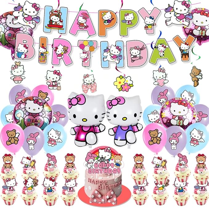 Amazon.com: Kitty Birthday Decorations Party Supplies Include Happy ...