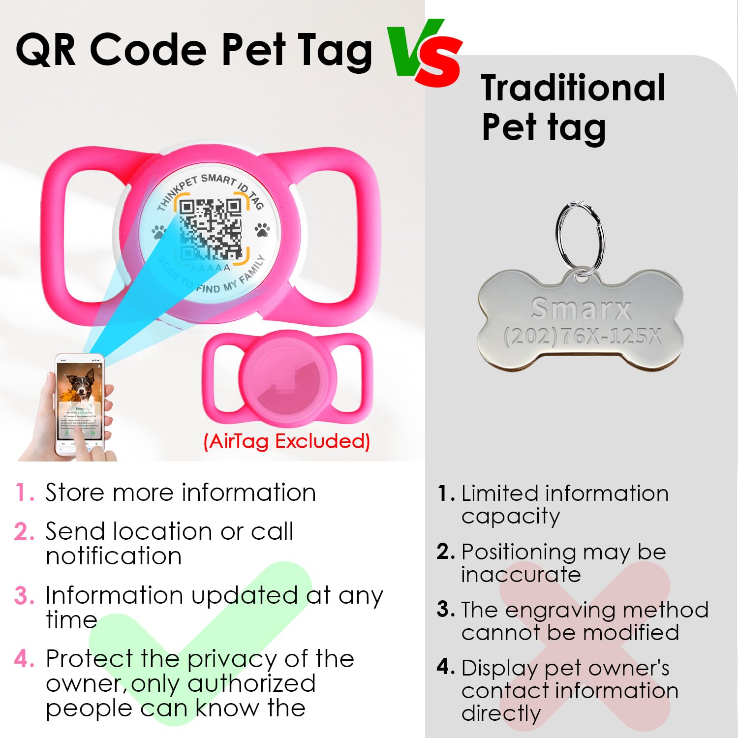 ThinkPet AirTag Dog Collar Holder with QR Code Smart Pet ID Tag, Dual ...