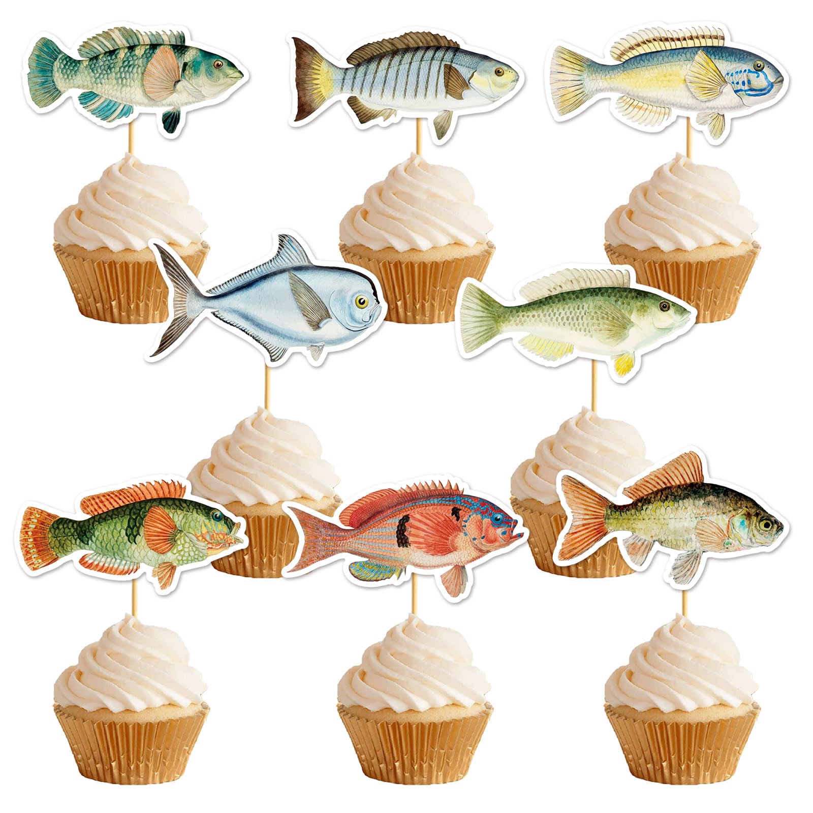 Amazon.com: Finash Cupcake Toppers 24pcs Fishing Cupcake Toppers Fish ...