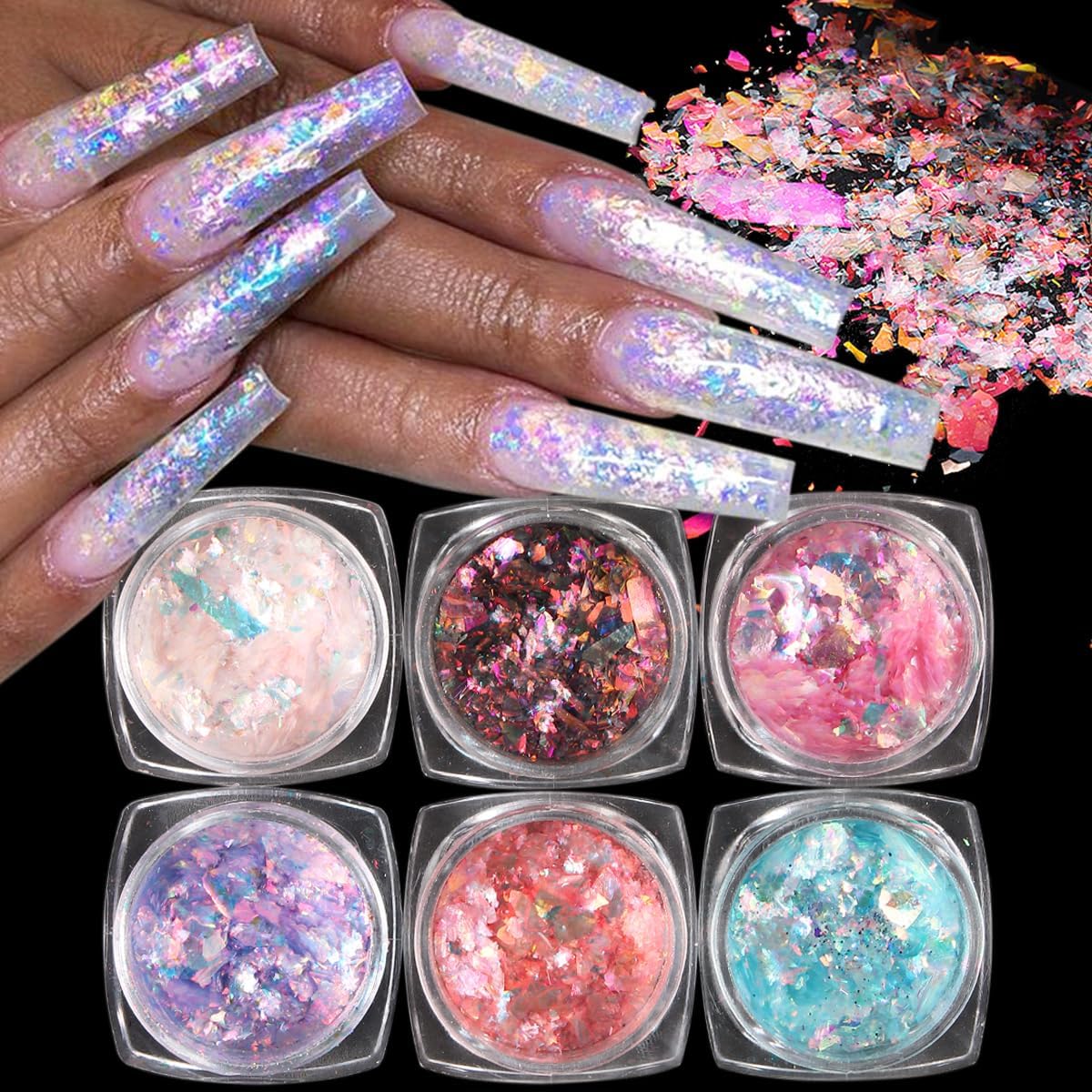 Amazon.com: Fcozpjk Opal Nail Art Glitter, 6 Boxes Holographic Chunky ...