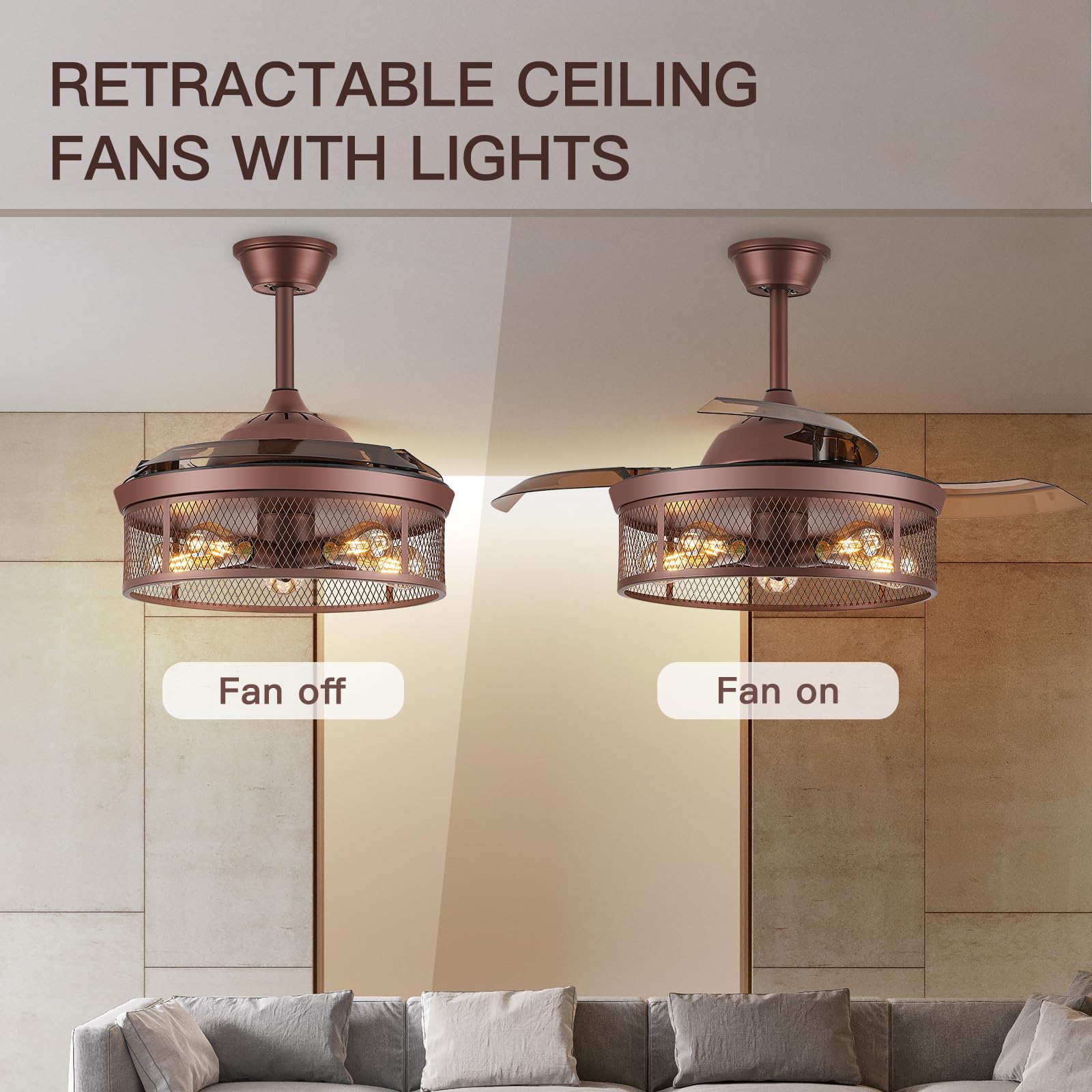 SAMPHON Retractable Ceiling Fans with Lights and Remote,42'' Caged Farmhouse Ceiling Fan Light ...