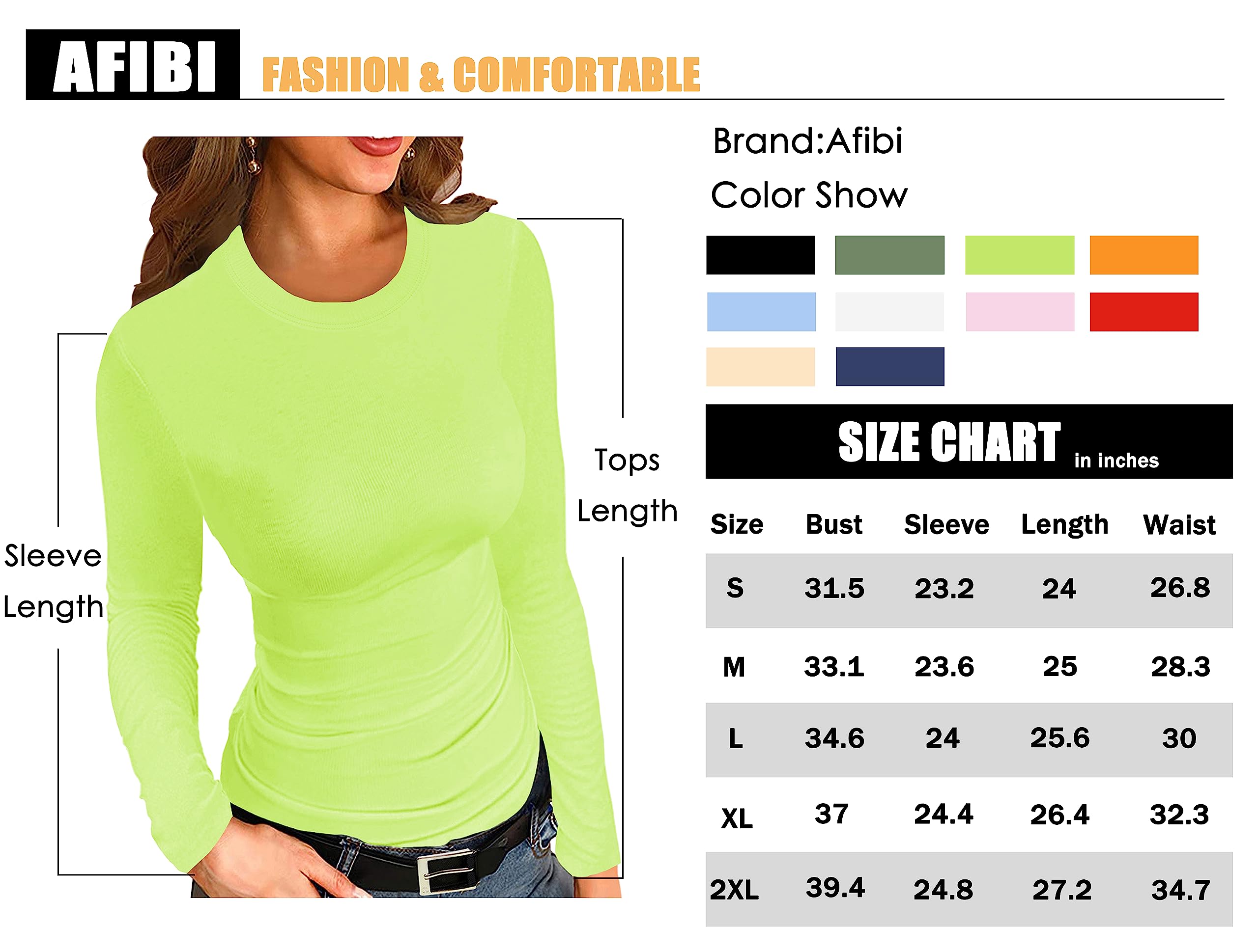 Snapklik.com : Afibi Women Ribbed Long Sleeve Crew Neck Slim Fit ...