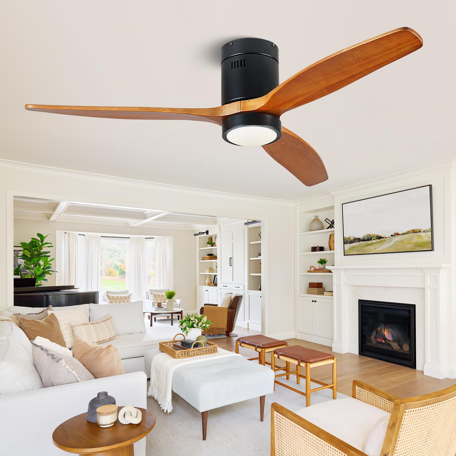 Amazon.com: KAPOEFAN 52" Low Profile Ceiling Fan with Lights,Wood ...