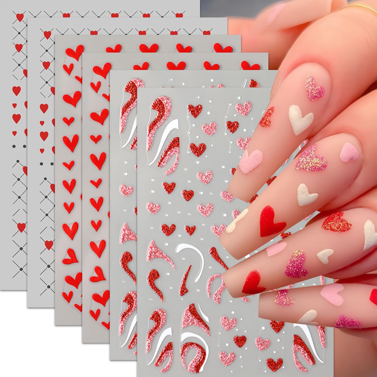 Amazon.com: 6 Sheets Heart Nail Stickers Glitter Shiny Love Nail Decals ...