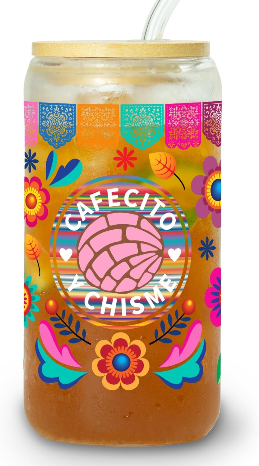 Amazon.com | Cafecito Y Chisme 16oz Glass Cup with Bamboo Lid and Straw ...