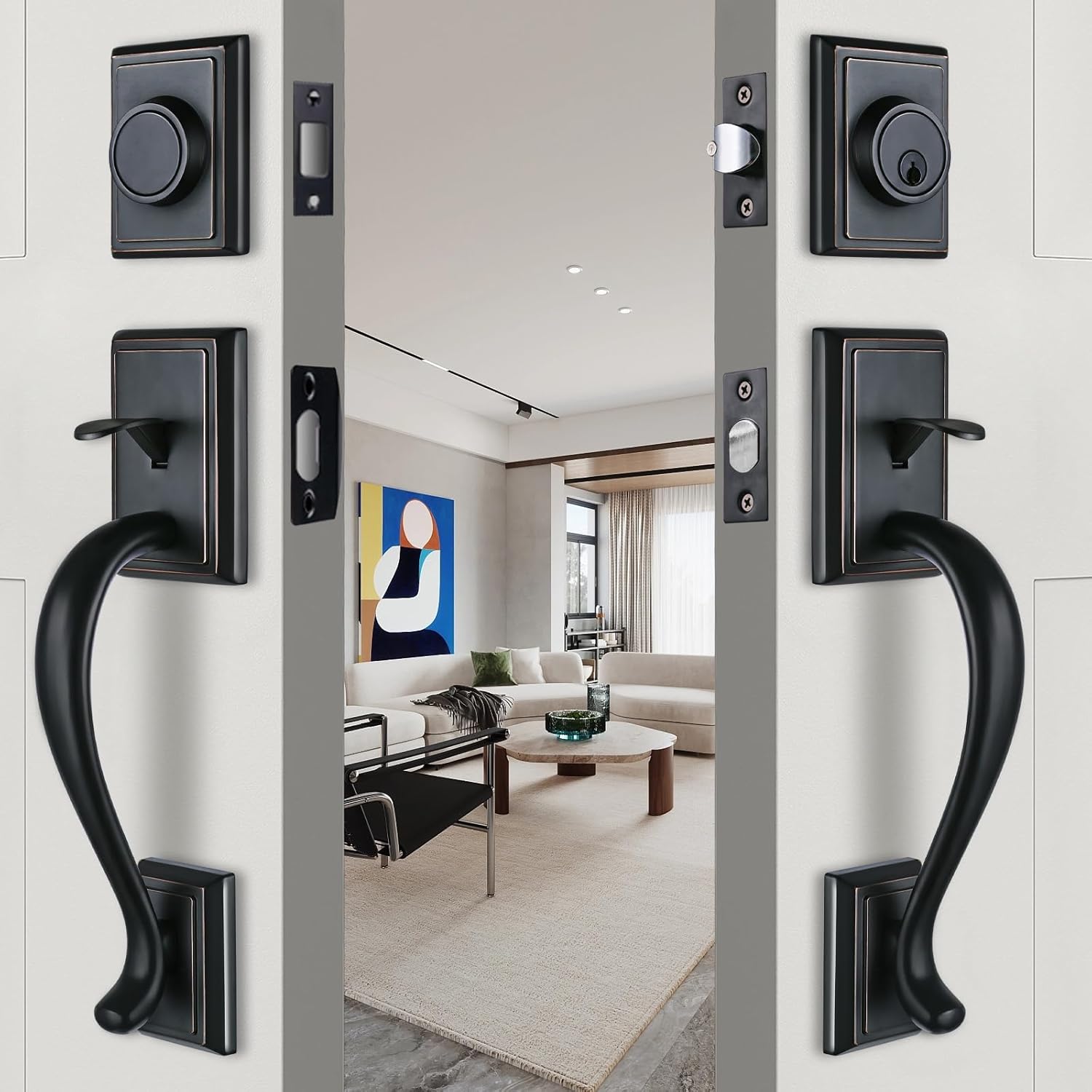 HISAFE Oil Rubbed Bronze Double Door Keyed Handle Set for Front Door ...