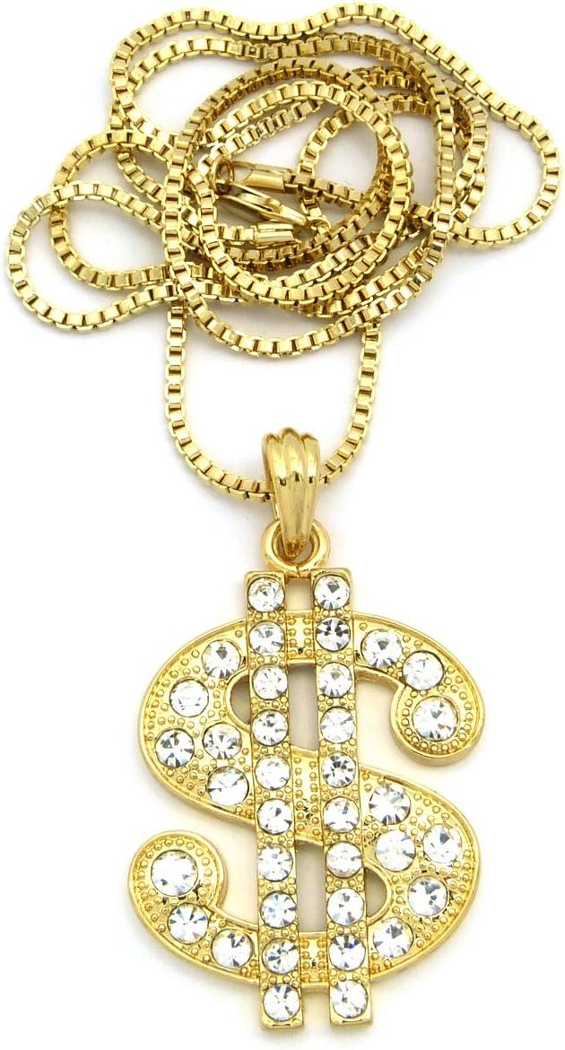 New Iced Out '$' Dollar Sign Pendant &2mm/30" Box Chain Hip Hop ...