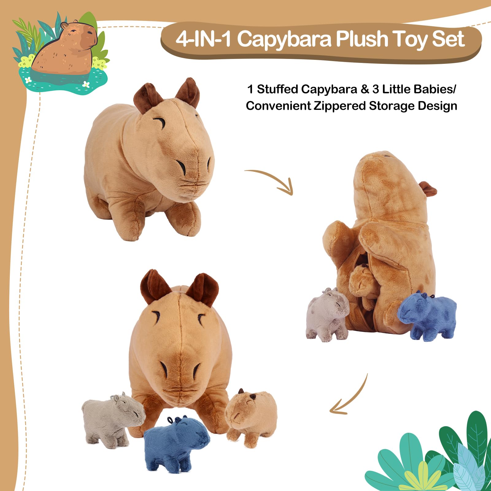 lilizzhoumax Simulation Capybara Plush Toy with 3 Small Capybara ...