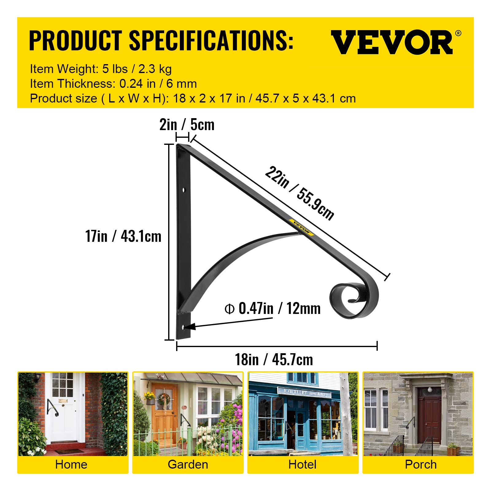 VEVOR Single Step Handrails, Wall Mounted Metal Wrought Iron Short Hand ...