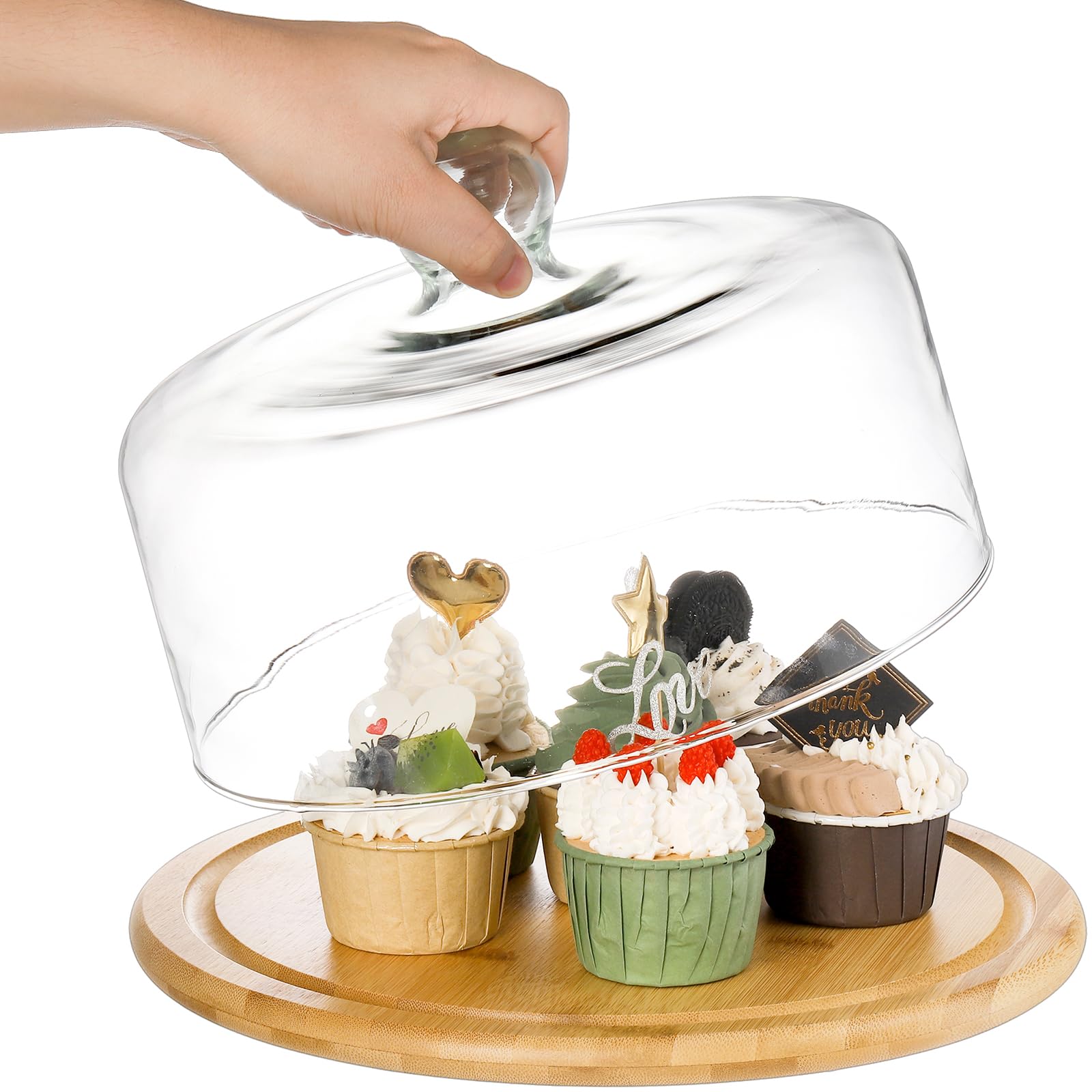 TOPZEA Rotating Cake Stand with Clear Glass Dome, Bamboo Cake Pop ...