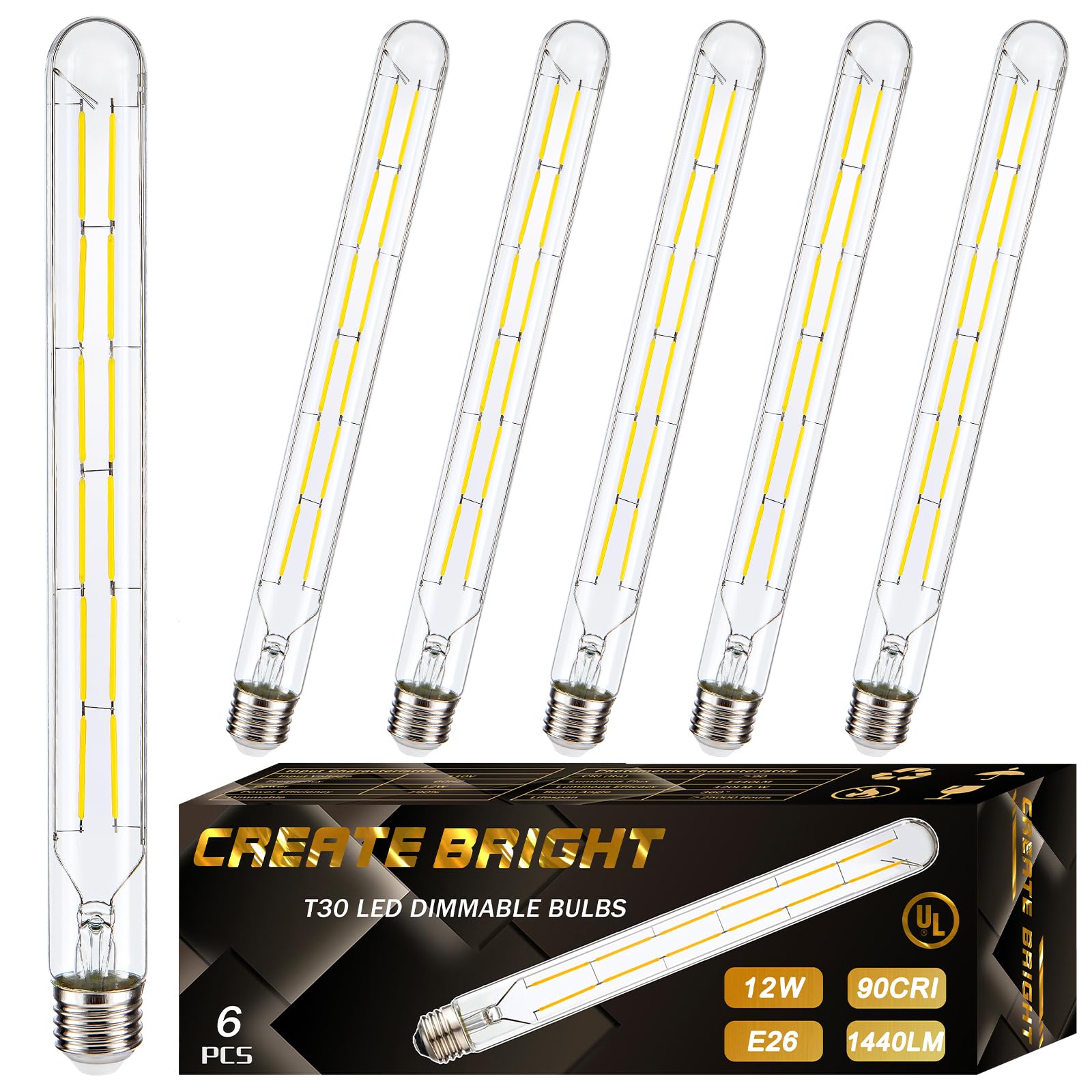 CREATE BRIGHT Dimmable 12W 5000K Led Tubular Bulb T30 Daylight White ...