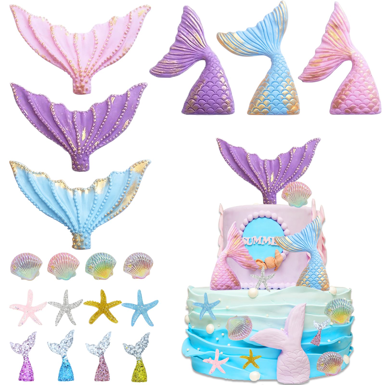 Amazon.com: 18 Pcs Mermaid Cake Topper Mermaid Tail Shells Sea Star ...