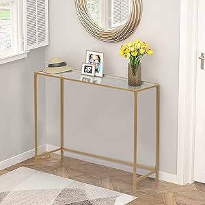 Amazon.com: Goujxcy 39.4" Tempered Glass Console Sofa Table with Gold ...