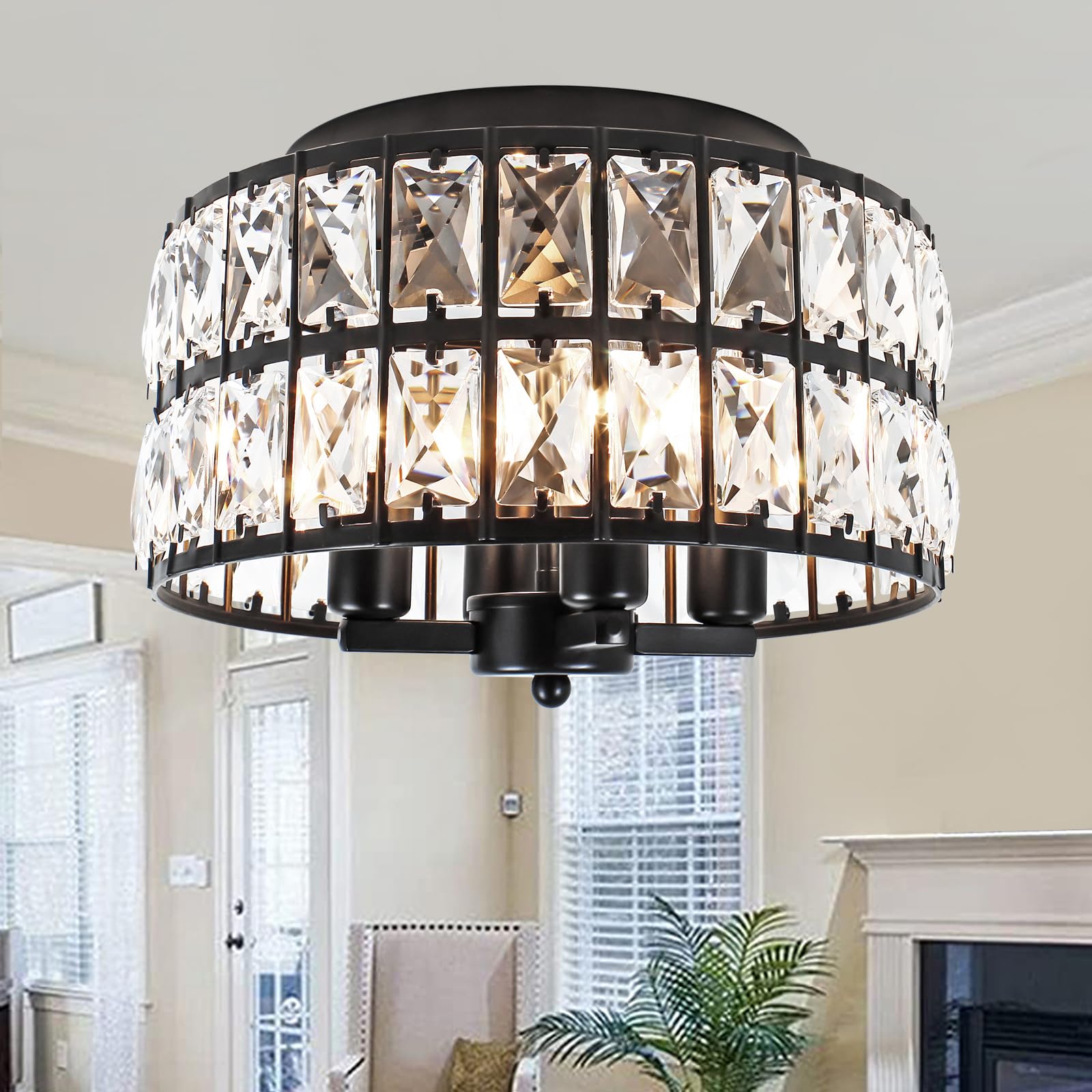 JHLBYL Modern Crystal Ceiling Light, 4-Lights Black Metal Chandelier ...