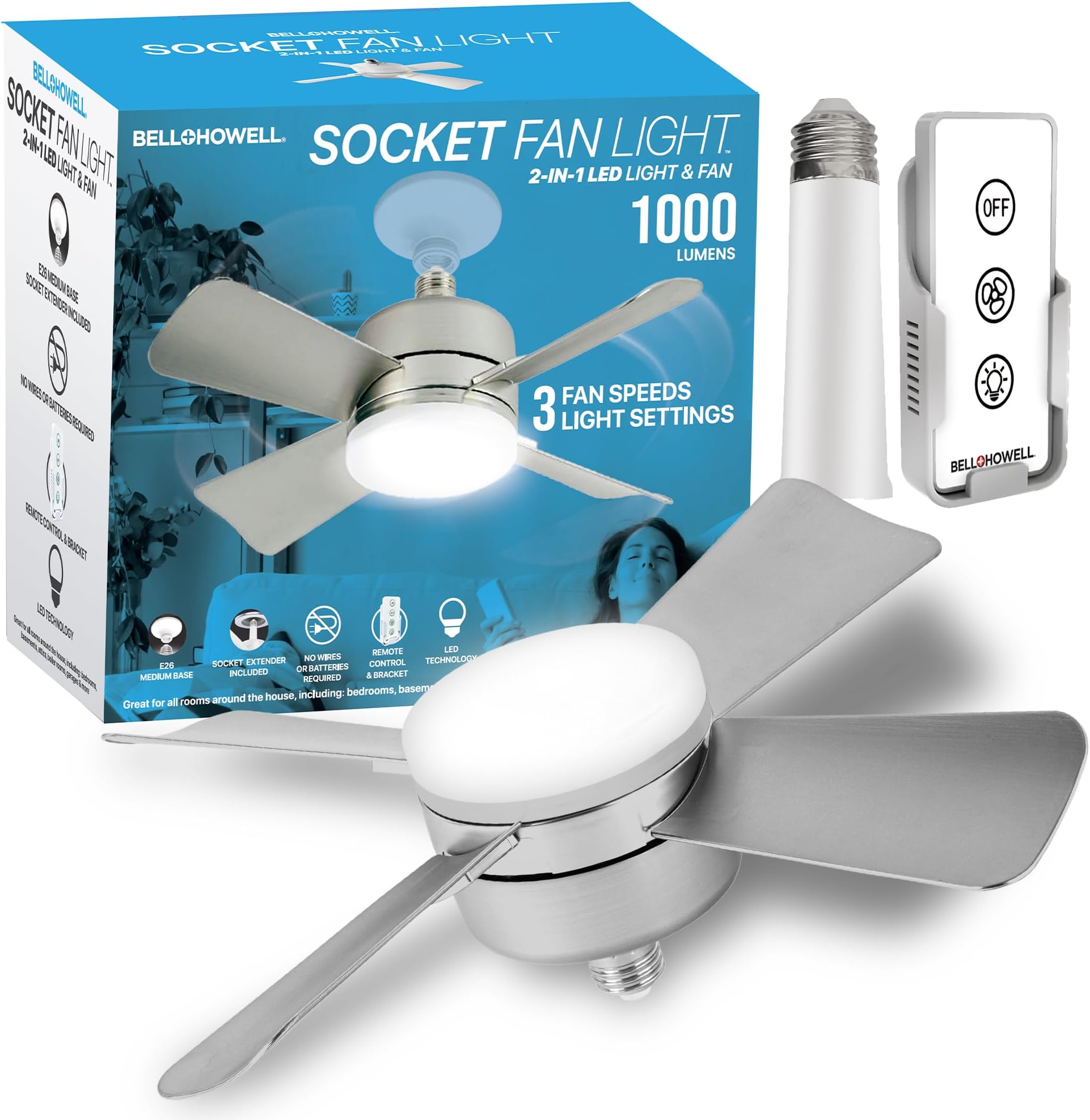 Bell+Howell Socket Fan Cool Light Deluxe Silver – Ceiling Fans with LED ...