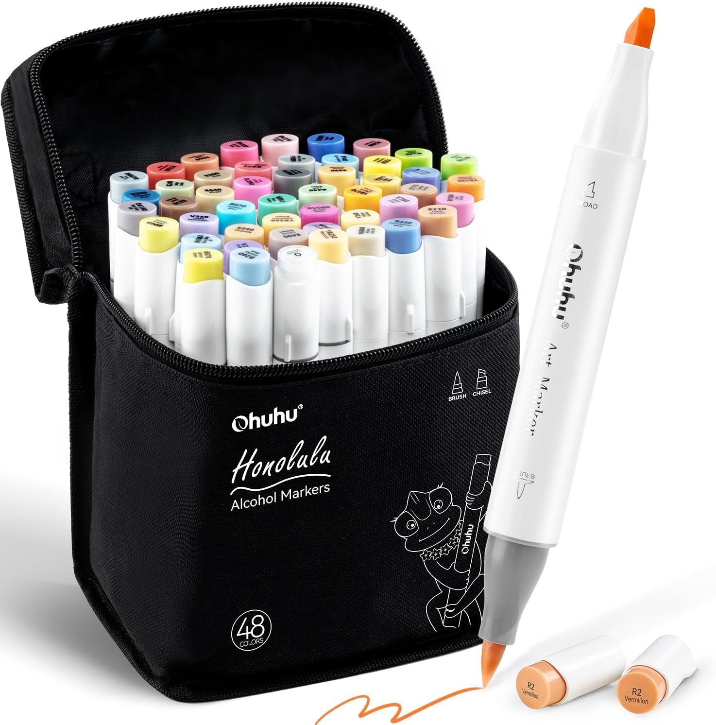 Ohuhu Alcohol Brush Markers, 48 Mid-tone Colors Brush& Chisel Dual Tips ...